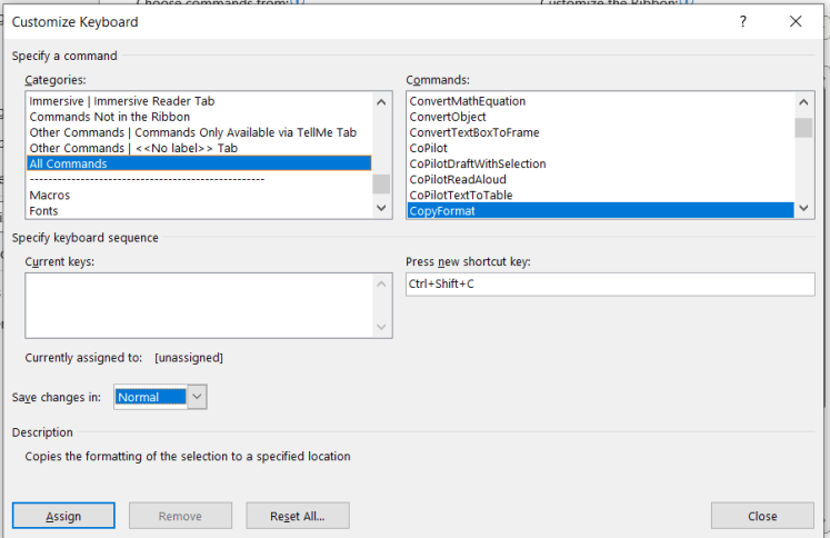 Changing Word’s Format Painter shortcut – Em Rule